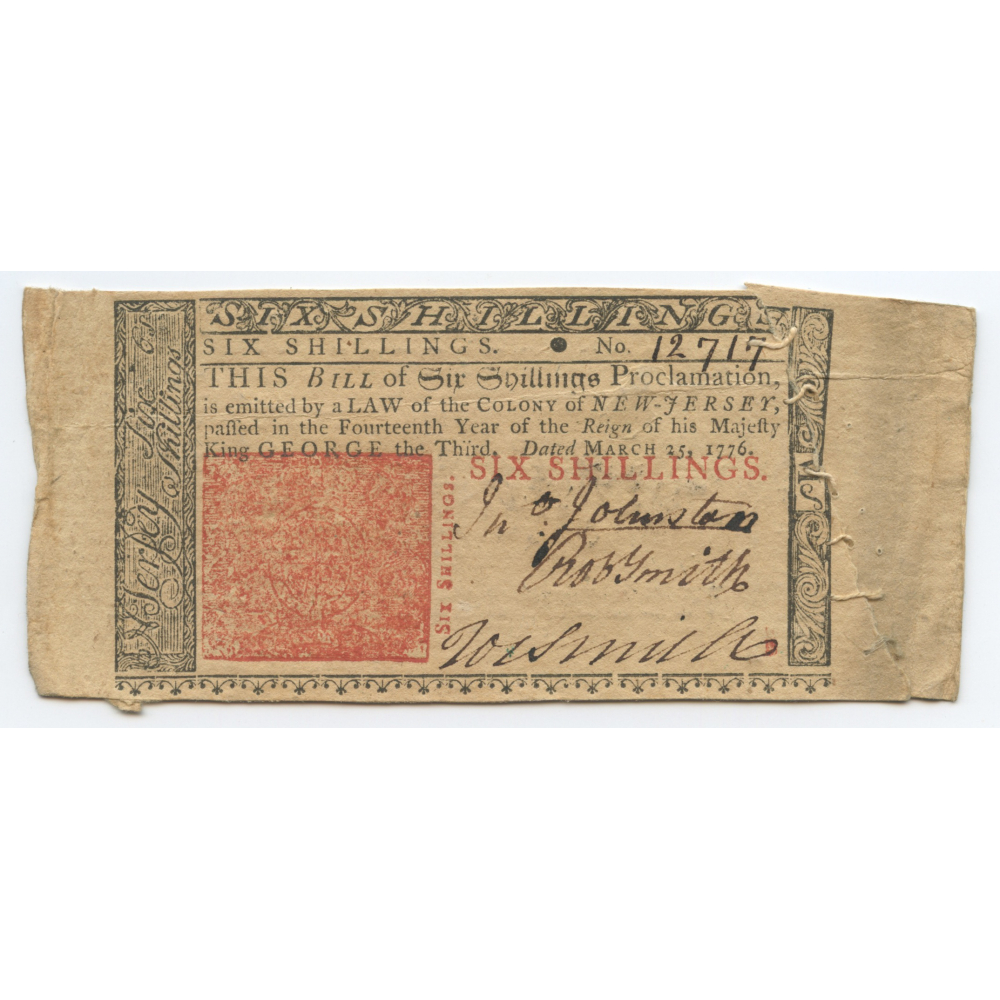 1776 Six Shilling New Jersey Colonial Currency Bank Note | Pristine Auction