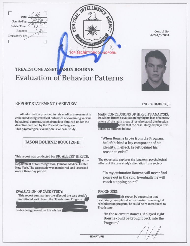 Matt Damon Signed "Treadstone: Jason Bourne CIA Report" 8.5x11 Movie Prop Replica Poster (JSA ...