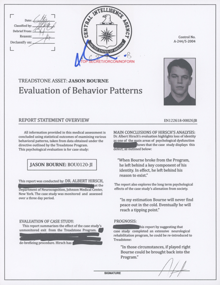 Matt Damon Signed "Treadstone: Jason Bourne CIA Report" 8.5x11 Movie ...