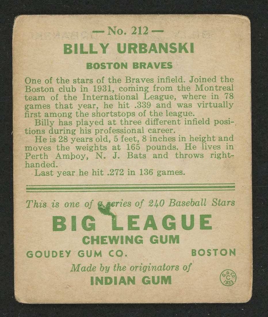 1933 Goudey #212 Billy Urbanski RC | Pristine Auction
