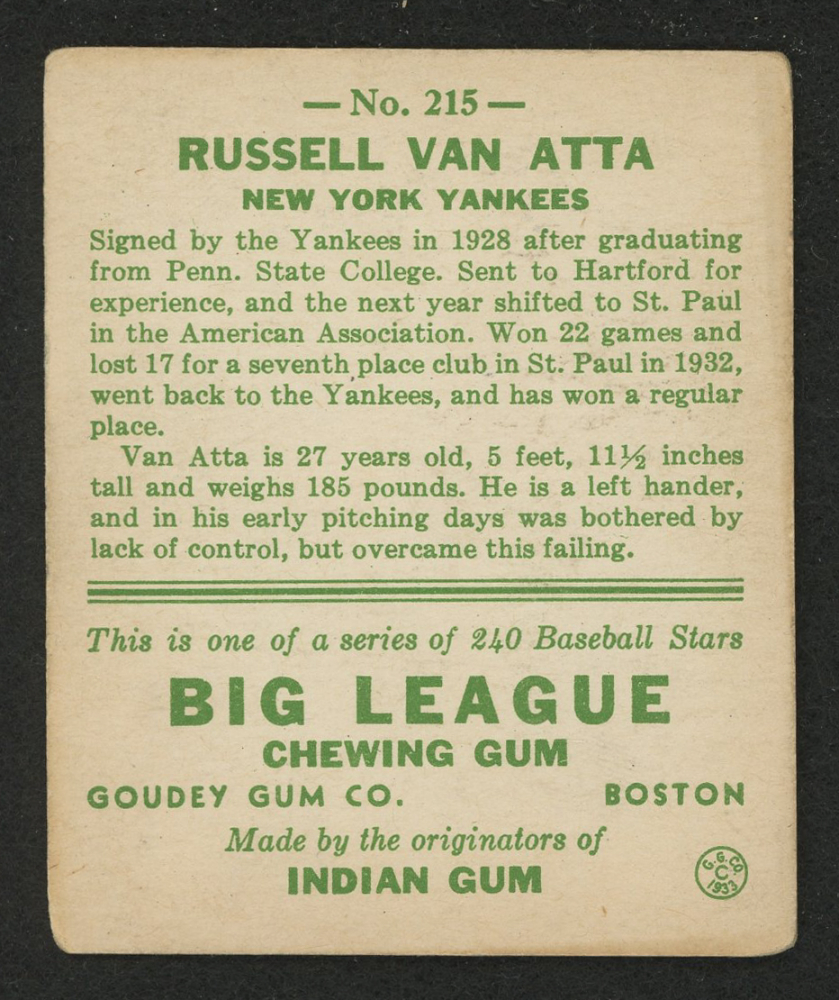 1933 Goudey #215 Russ Van Atta RC | Pristine Auction