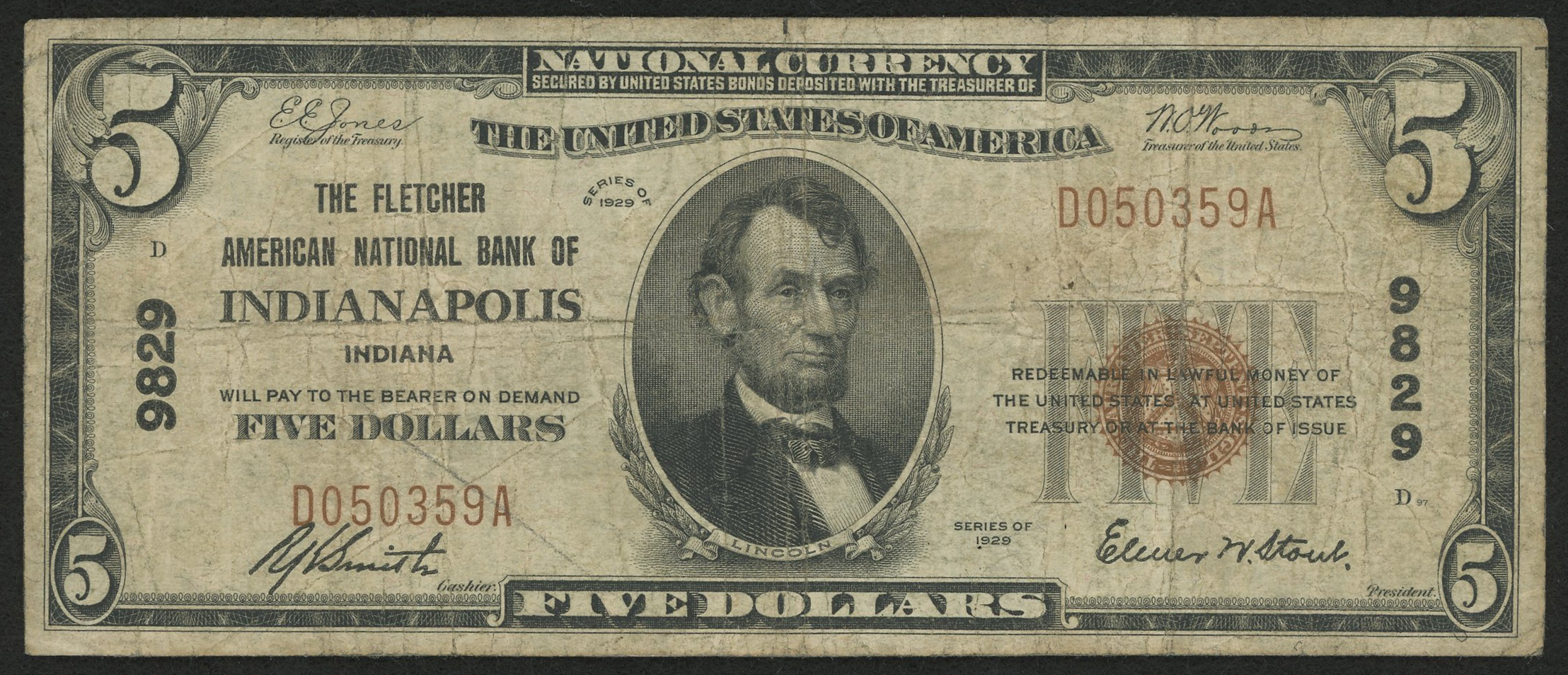 1929 $5 U.S. National Currency Bank Note - (The Fletcher American ...
