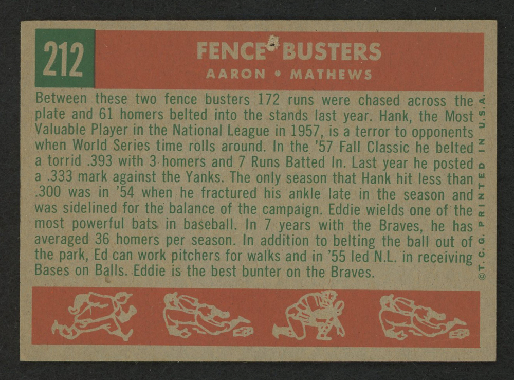 1959 Topps #212 Fence Busters / Hank Aaron / Eddie Mathews | Pristine ...