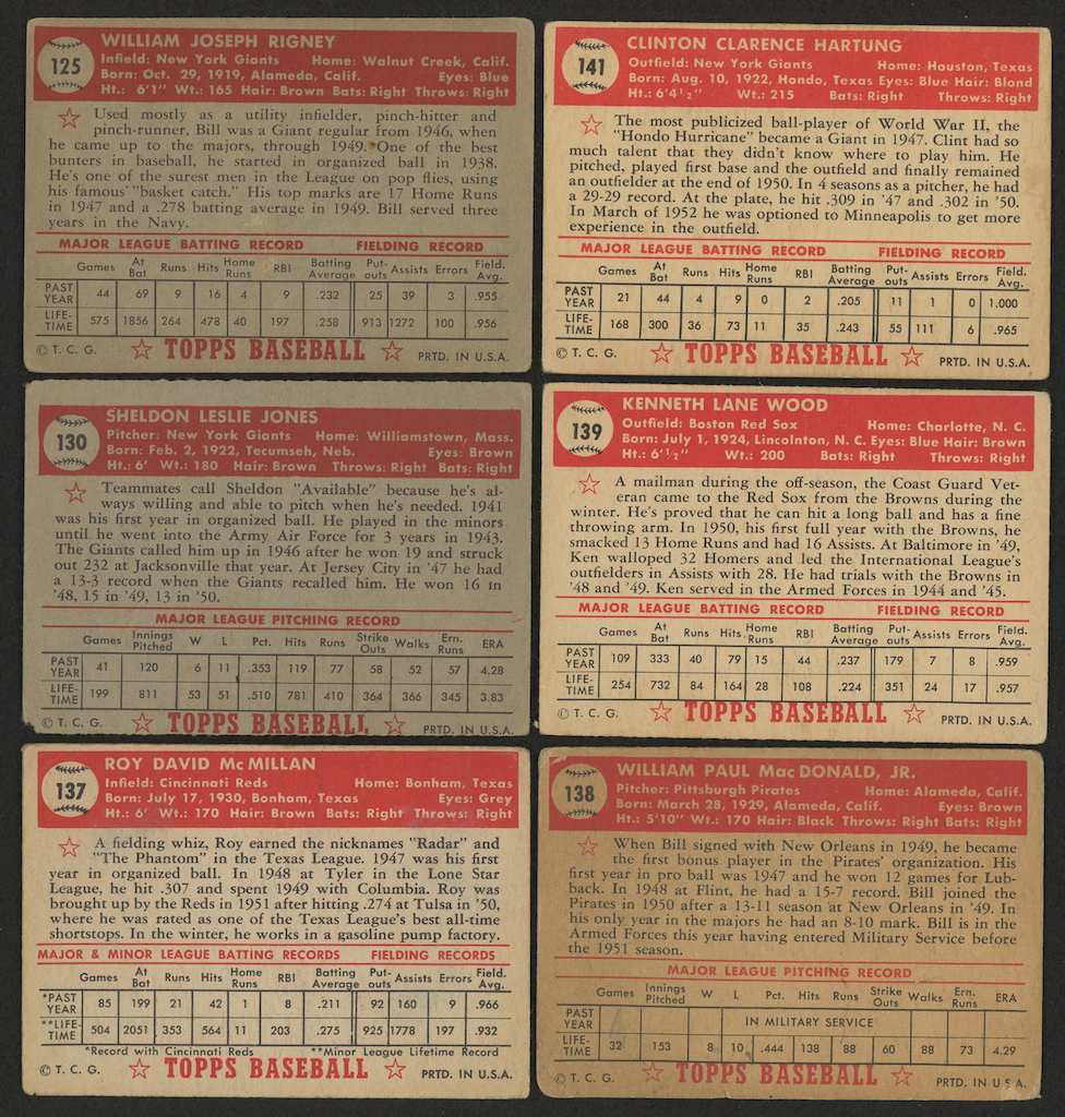 Lot of (6) 1952 Topps Baseball Cards with #125 Bill Rigney, #130 ...