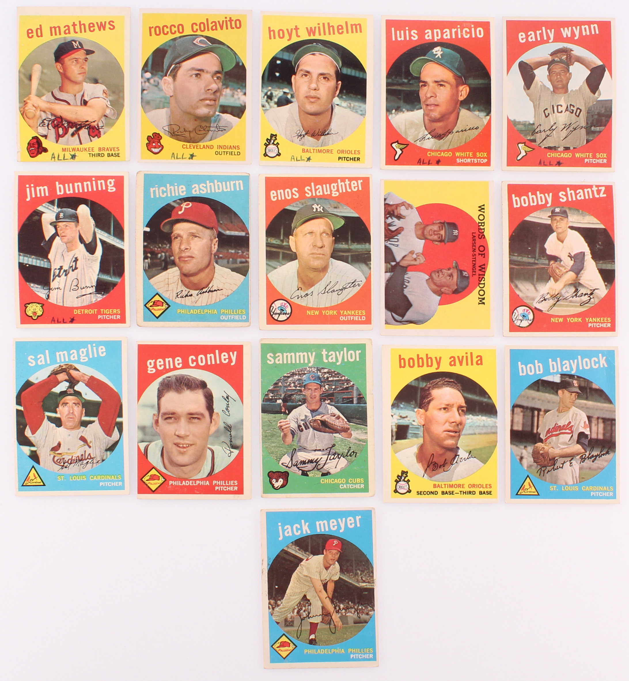 Lot of (16) 1959 Topps Baseball Cards with #149 Jim Bunning, #155 Enos ...