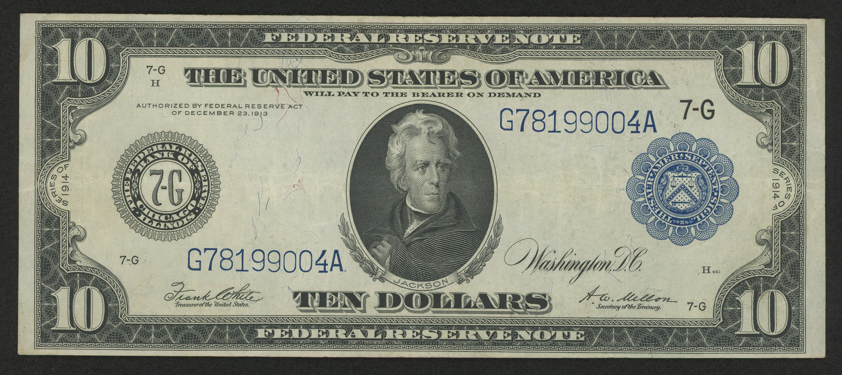 1913 $10 Ten Dollars U.S. Blue Seal Large Size Federal Reserve Note ...