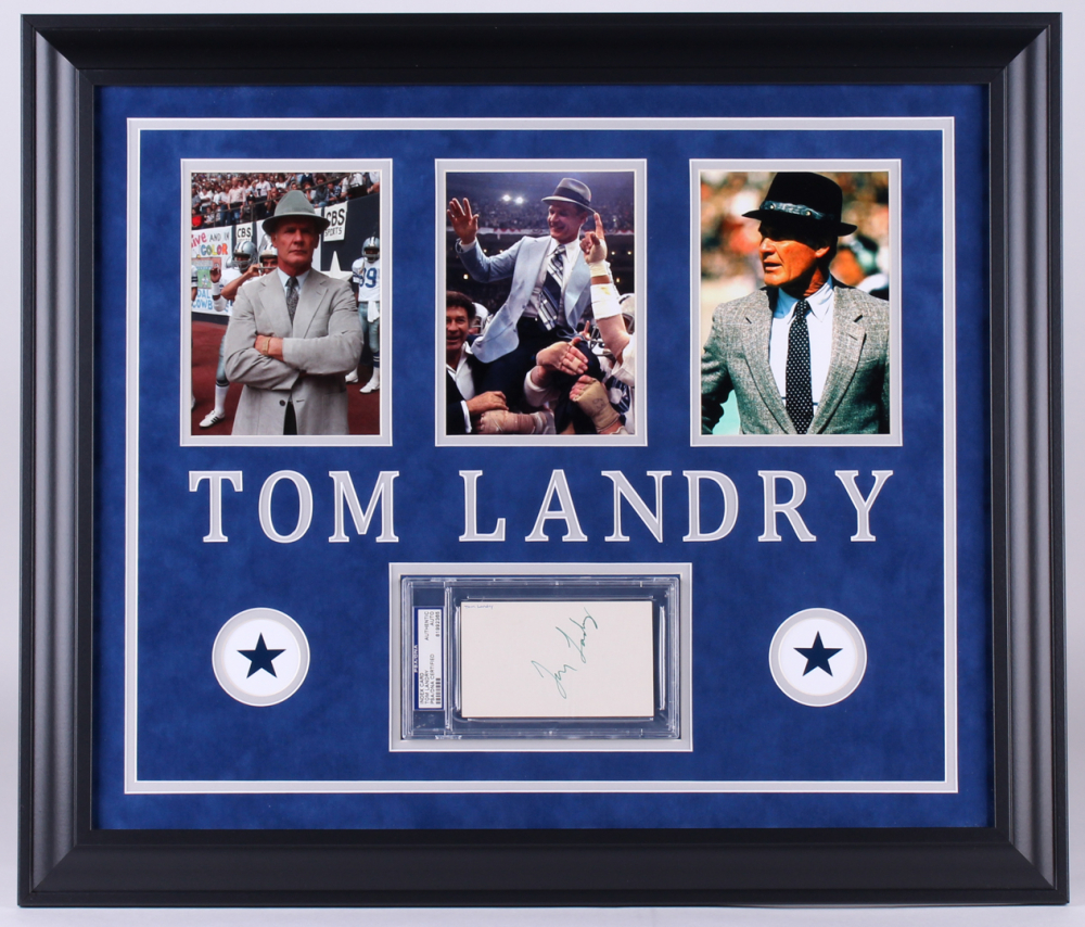 Tom Landry Signed Cowboys 23.5x27.5 Custom Framed Cut Display (PSA ...