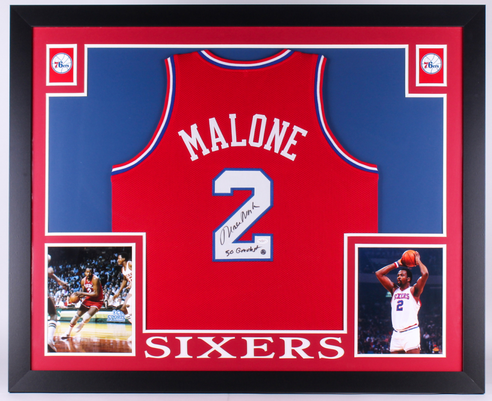Moses Malone Signed 76ers 35x43 Custom Framed Jersey Inscribed "50 ...