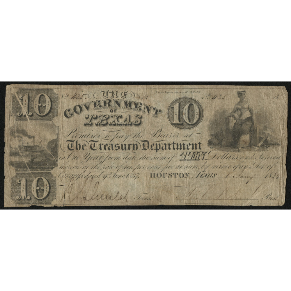 1839 $10 Ten-Dollar Government of Texas Bank Note Bill | Pristine Auction