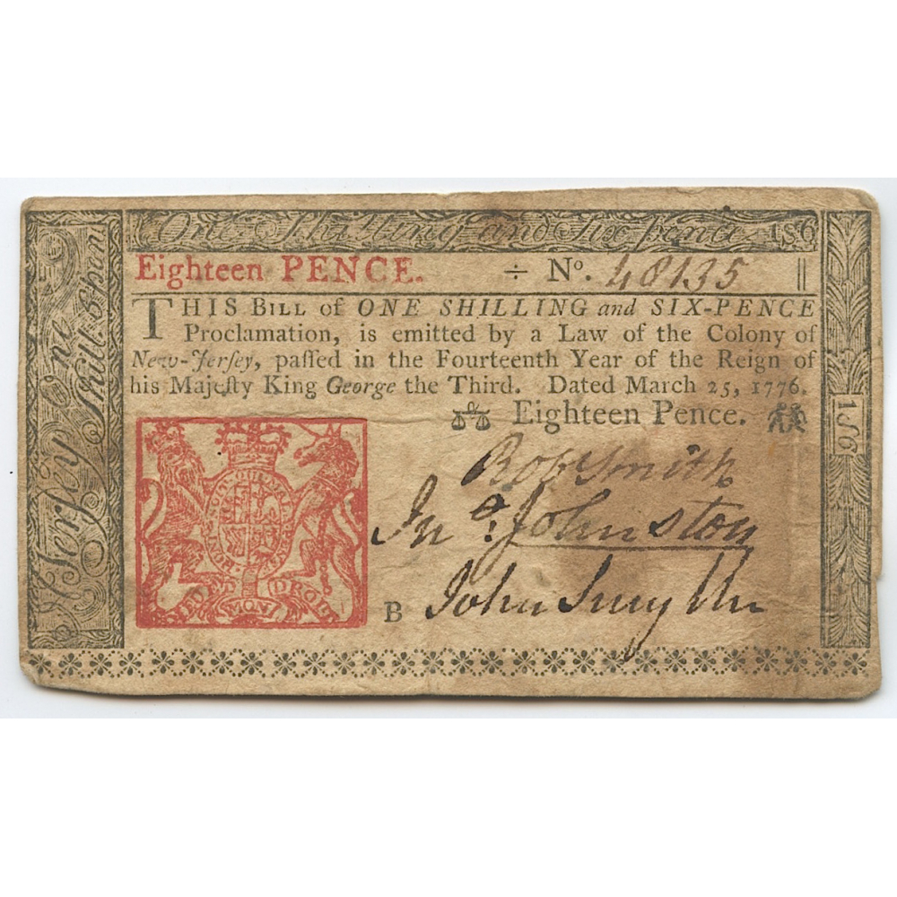 1776 New Jersey Eighteen Pence Colonial Currency Note | Pristine Auction