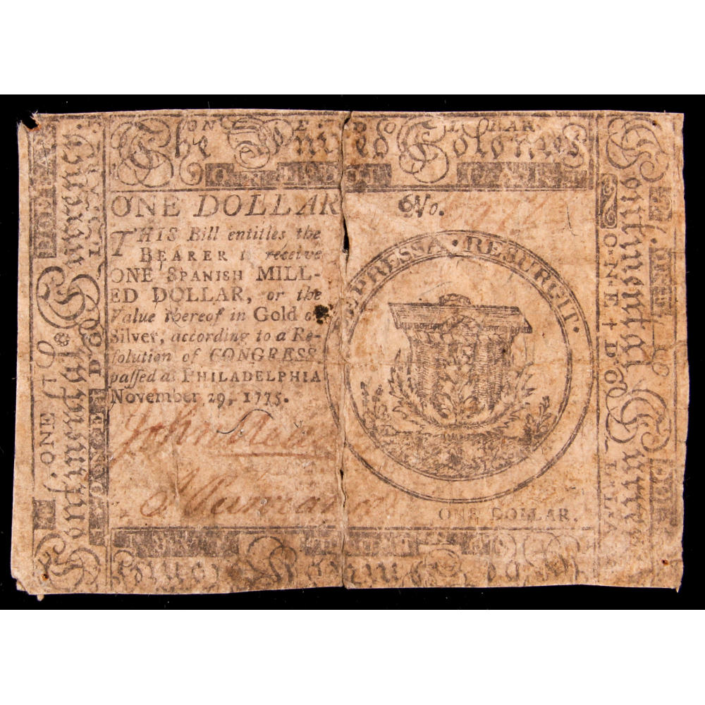 1775 $1 One-Dollar Continental Currency Note - November 29th, 1775 ...