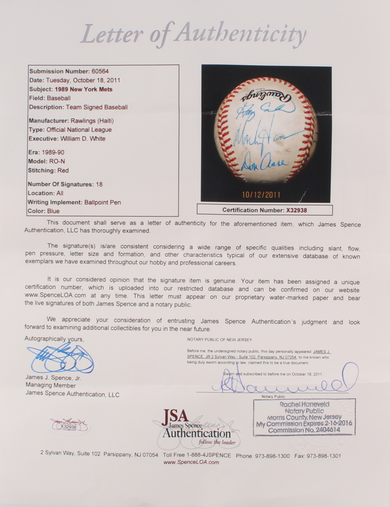 1989 Mets ONL Baseball Signed by (18) with Frank Viola, Ron Darling ...