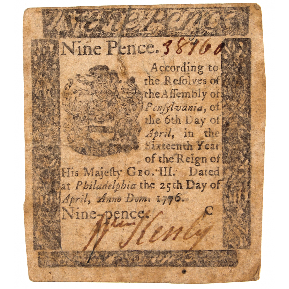 1776 Philadelphia, Pennsylvania 9p. Nine Pence Colonial Currency Note ...