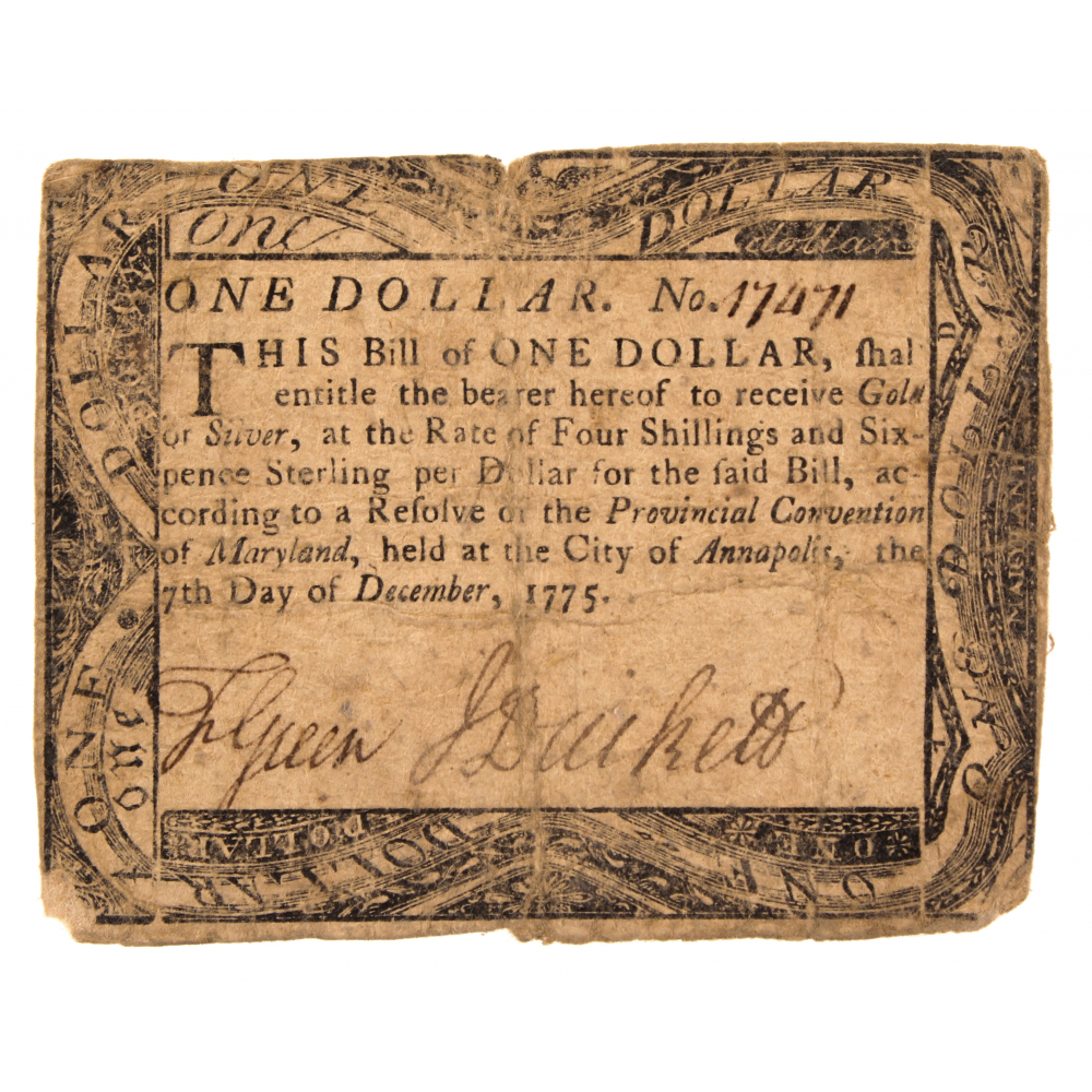 1775 Maryland $1 One-Dollar Colonial Currency Note - Devember 7th, 1775 ...