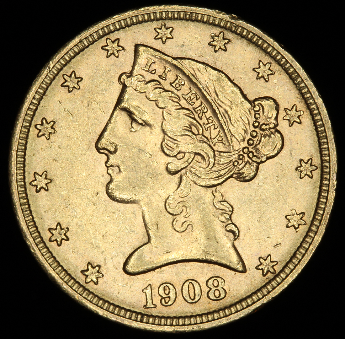 1908 $5 Five Dollars Liberty Head Half Eagle Gold Coin | Pristine Auction
