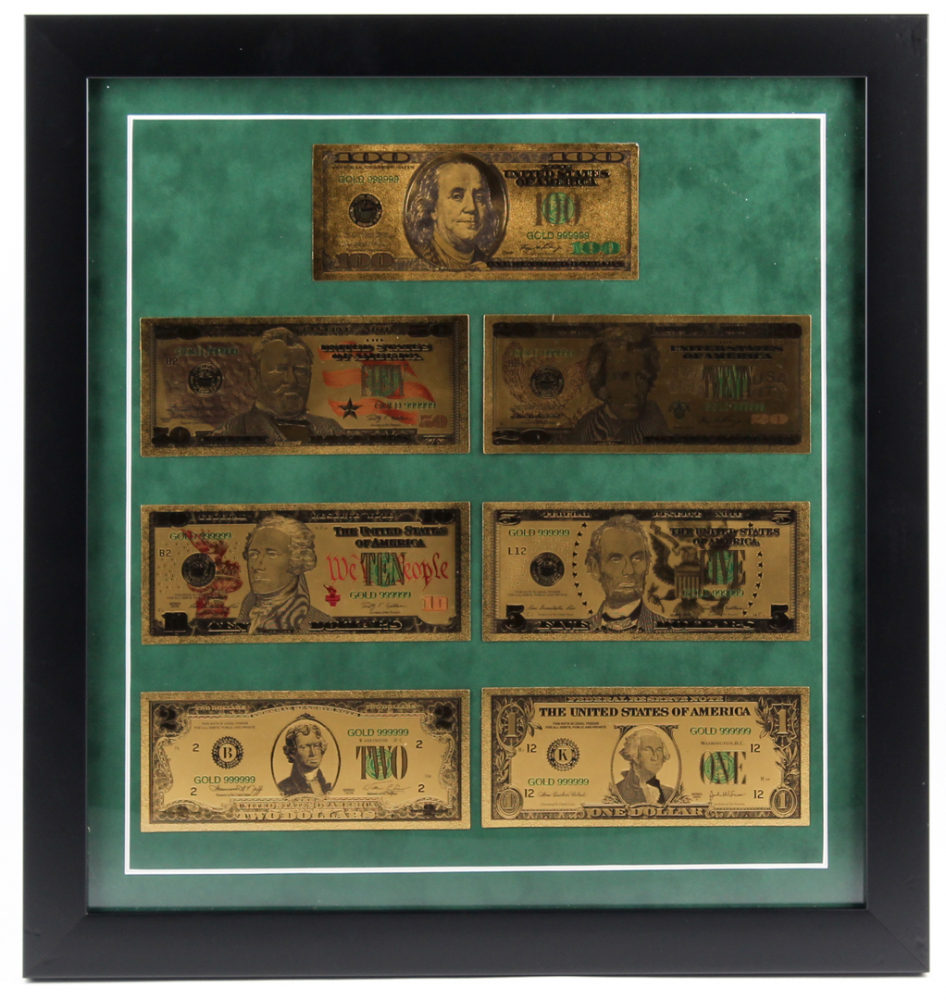 Set of (7) 24K Gold Plated U.S. Bills 17x18 Custom Framed Display ...
