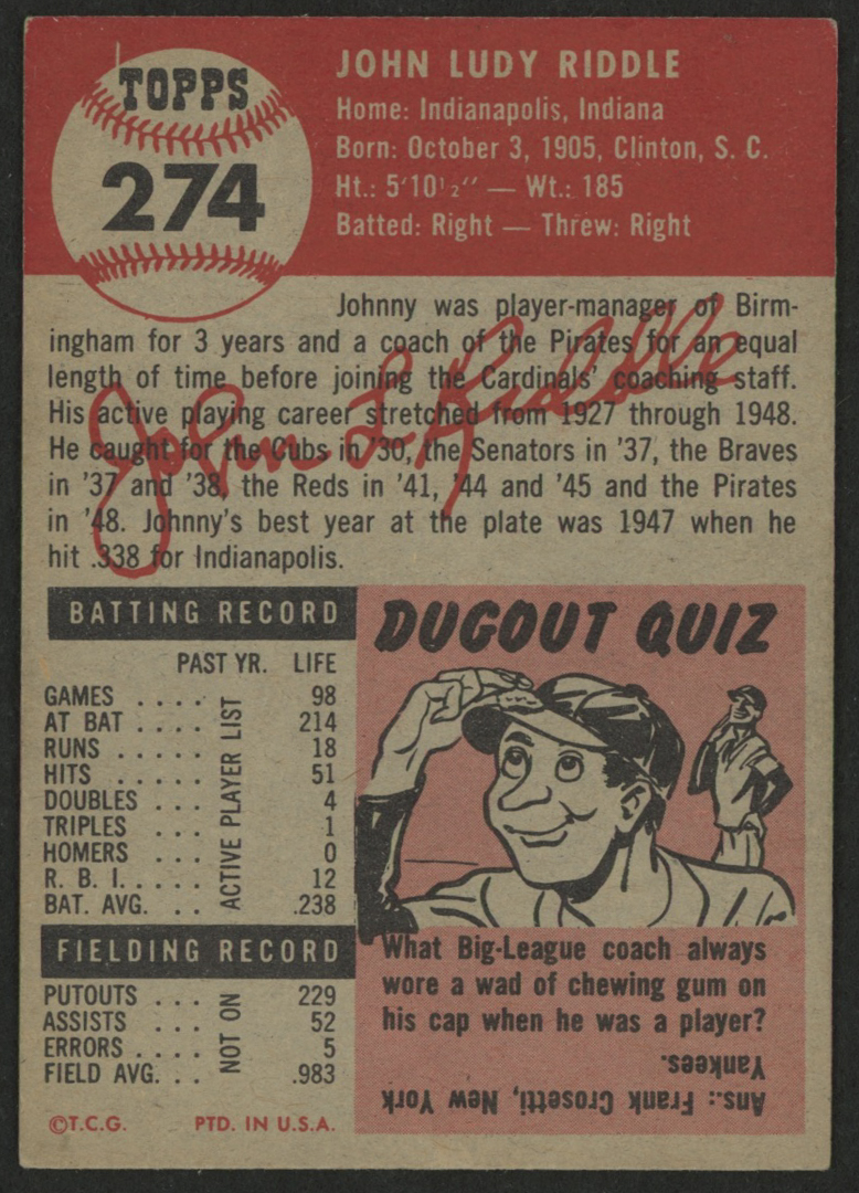 1953 Topps #274 John Riddle | Pristine Auction