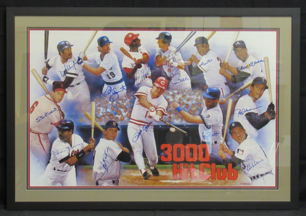 "3000 Hit Club" 24x36 Custome Framed Photo Display Signed by (13) with ...