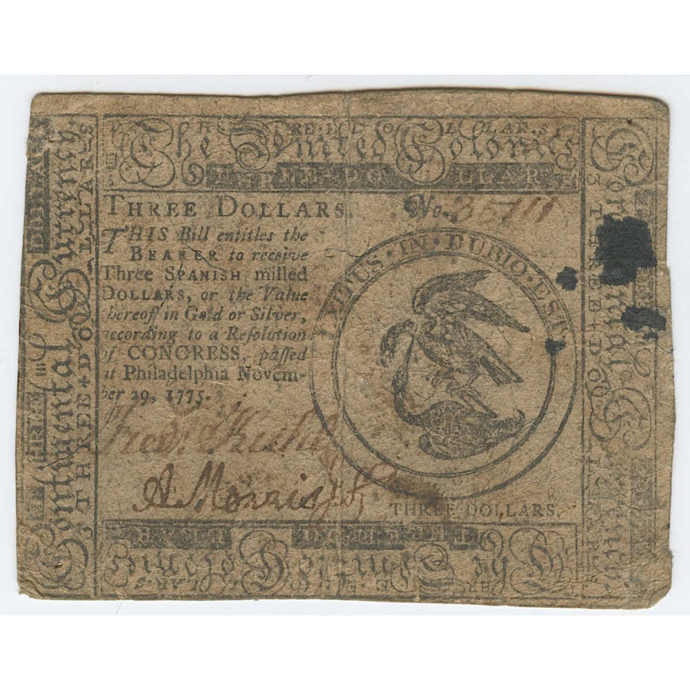 1775 Three Dollars Continental Currency Bank Note | Pristine Auction