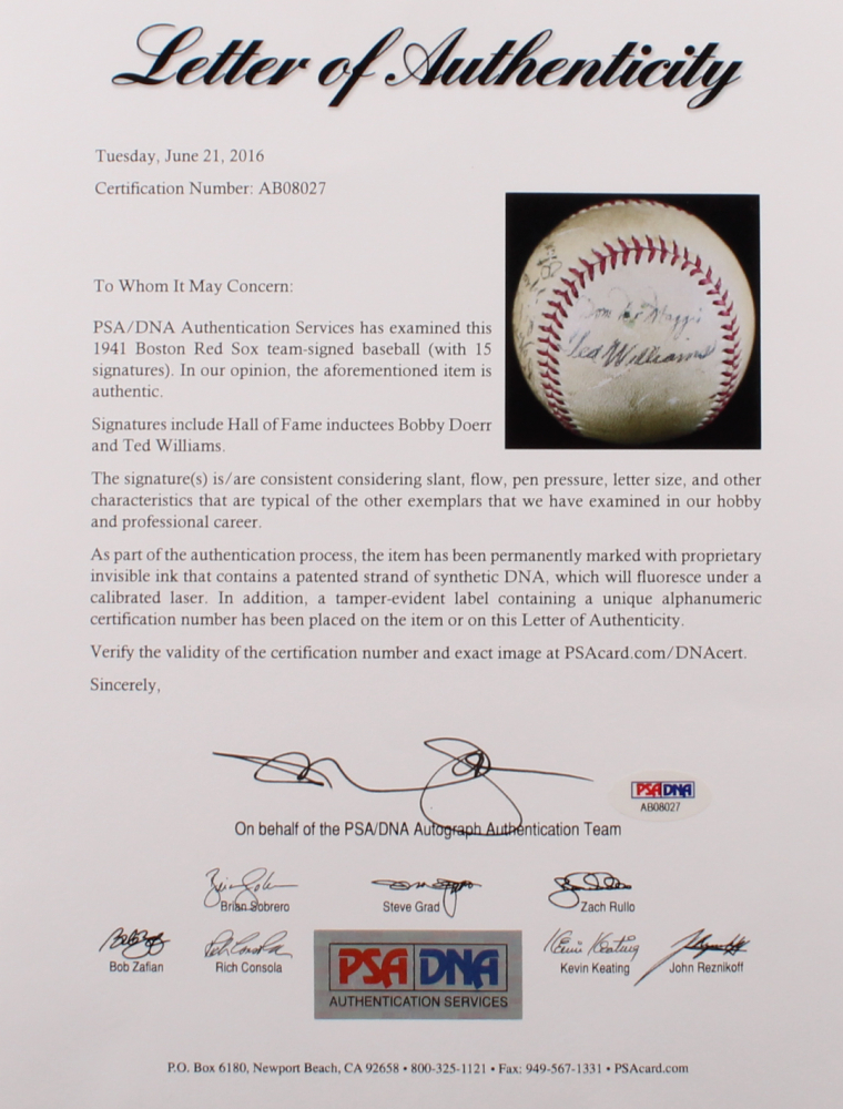 1941 Boston Red Sox OL Baseball Team-Signed by (15) with Ted Williams ...