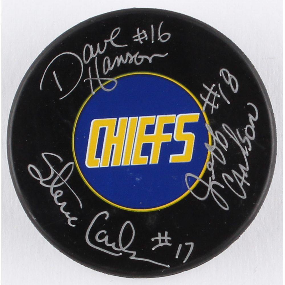 Dave Hanson, Steve Carlson & Jeff Carlson Signed Chiefs "Slap Shot" Logo Hockey Puck (Beckett ...