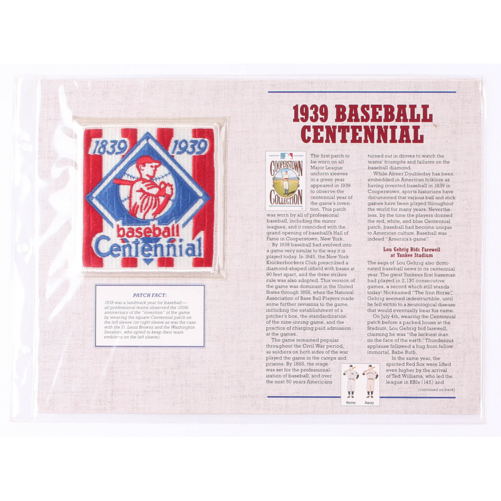 Cooperstown Collection 1939 Baseball Centennial Patch with 9x12 Stat ...