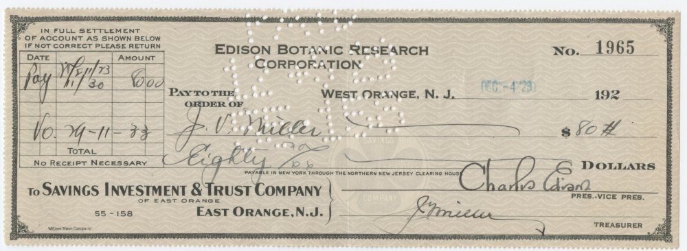 Charles Edison Signed Vintage Bank Check from "Edison Botanic Research ...