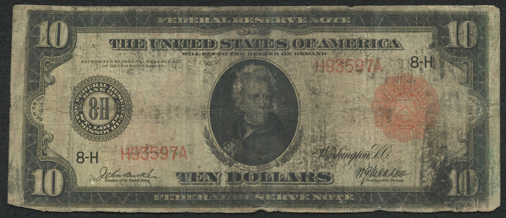 1914 $10 Ten Dollars Red Seal Federal Reserve Large Size Bank Note ...