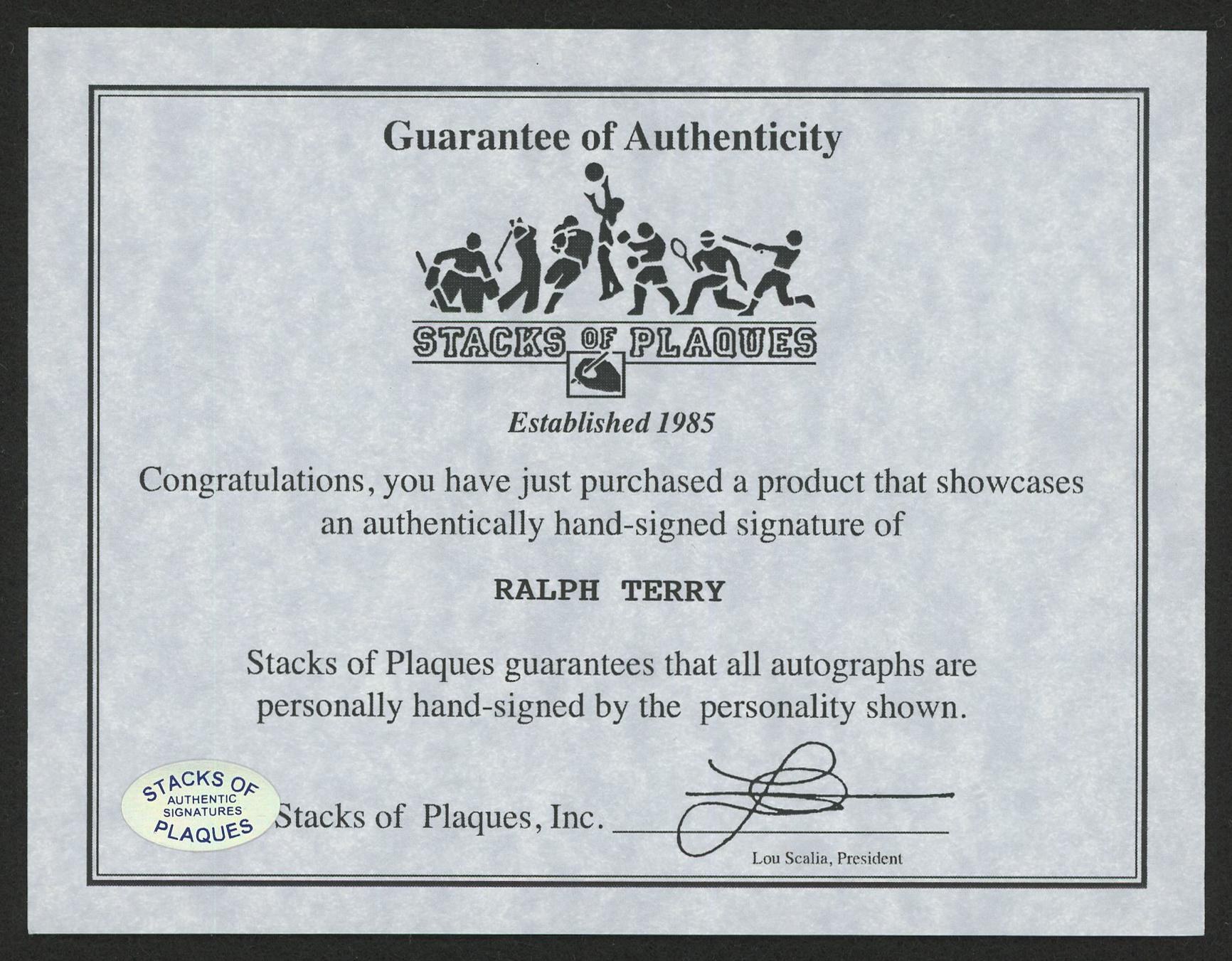 Ralph Terry Signed Yankees 8x10 Photo (Stacks of Plaques COA ...
