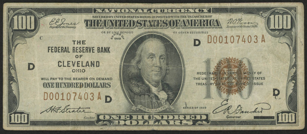 1929 $100 One-Hundred Dollars U.S. National Currency Bank Note with Brown Seal (The Federal ...