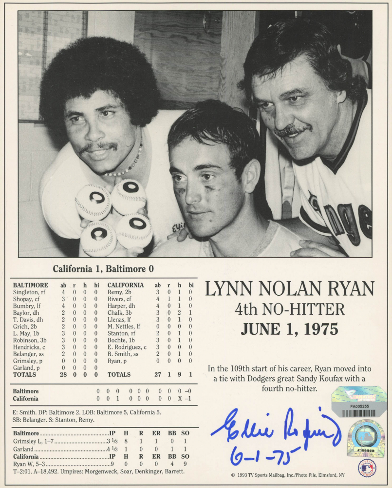 Ellie Rodriguez Signed "4th No-Hitter" 8x10 Photo Inscribed "6-1-75 ...