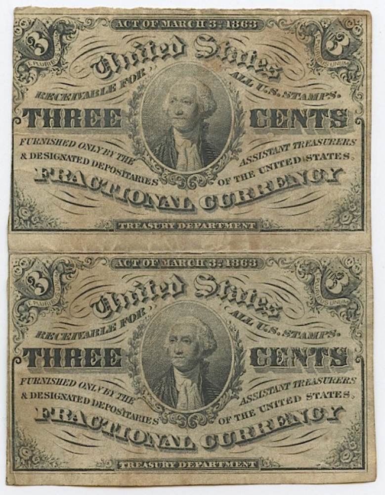 Uncut Sheet of (2) 1863 United States 3¢ Three Cents Fractional Bank ...