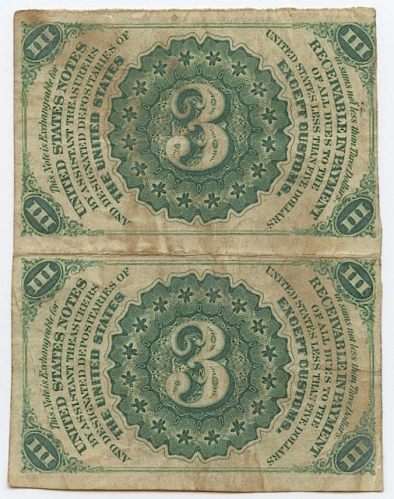 Uncut Sheet of (2) 1863 United States 3¢ Three Cents Fractional Bank ...