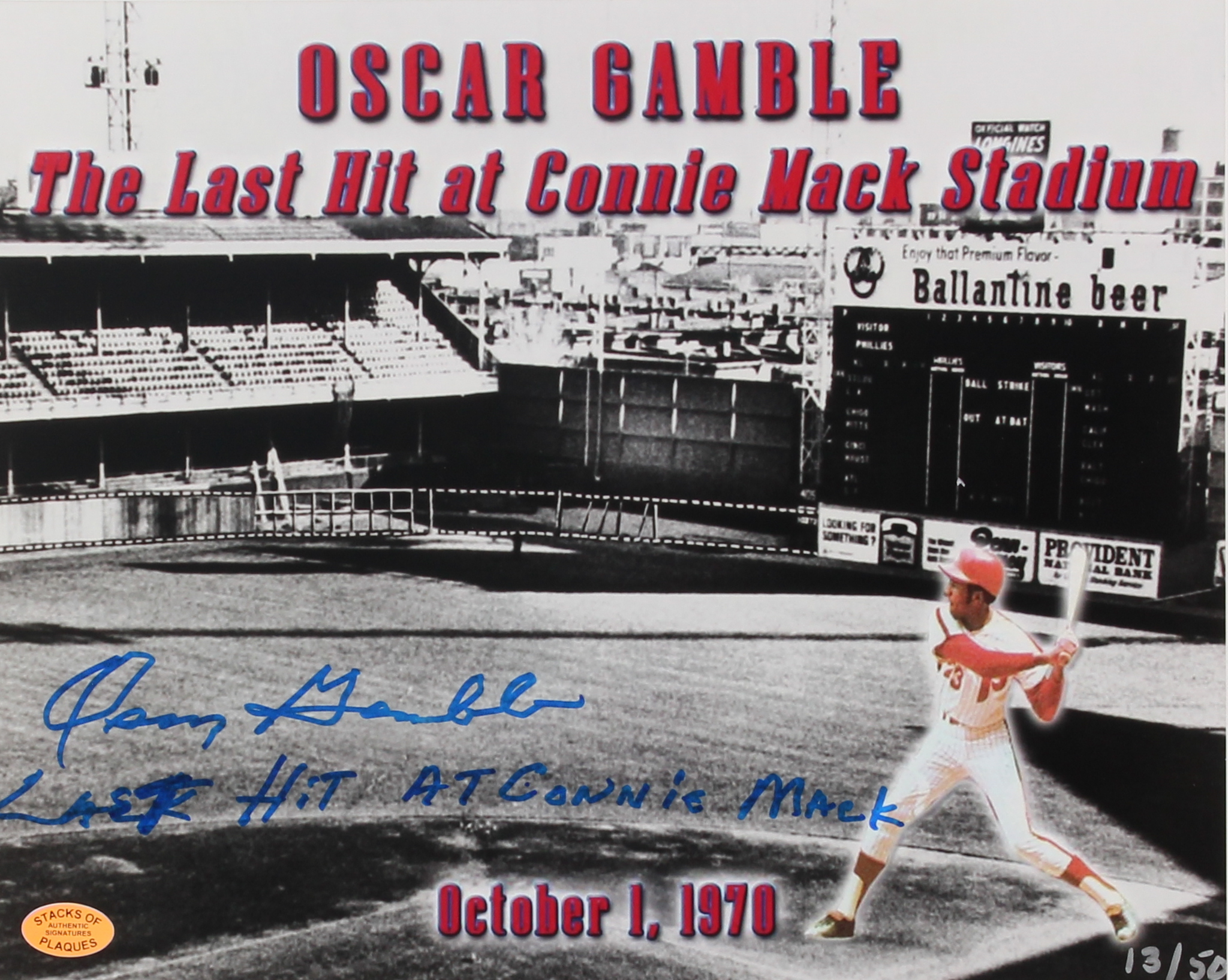 Oscar Gamble Signed LE Phillies 8x10 Photo Inscribed "Last Hit At ...