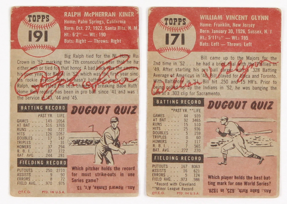 Lot of (2) 1953 Topps Baseball Cards with #171 Bill Glynn RC & #191 ...