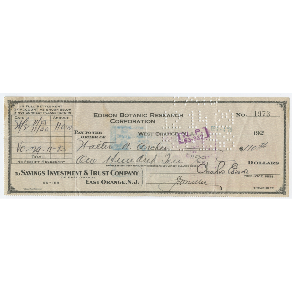 Charles Edison Signed Vintage Bank Check from "Edison Botanic Research ...
