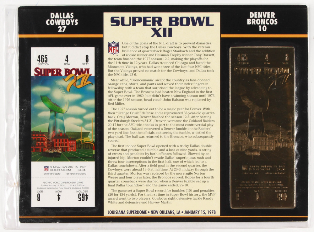 Commemorative Super Bowl XII Scorecard With 22kt Gold Ticket | Pristine ...