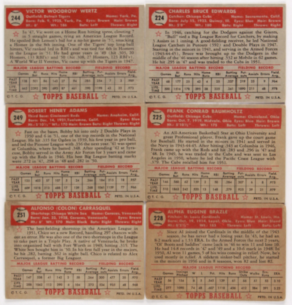 Lot of (6) 1952 Topps Baseball Cards with #251 Chico Carrasquel, #249 ...