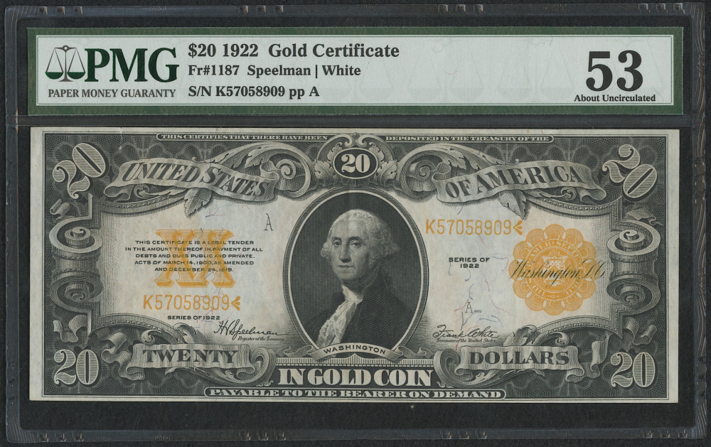 1922 $20 Twenty Dollars U.S. Gold Certificate Large Size Bank Note (PMG ...
