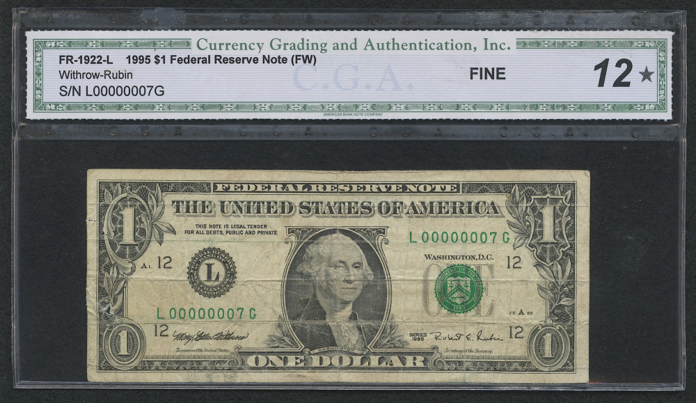 1995 $1 One Dollar Federal Reserve Note - Low Serial Number - L ...
