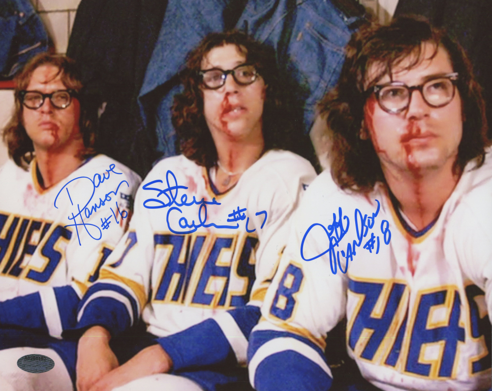 David Hanson, Steve Carlson & Jeff Carlson Signed "Slap Shot" 8x10 Photo (Schwartz COA ...