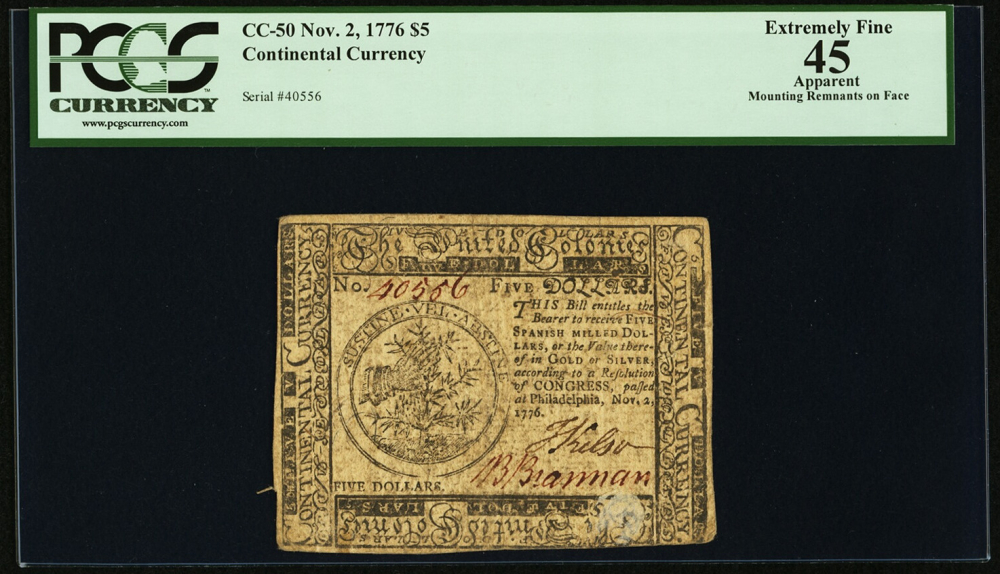1776 Continental Currency $5 Five Dollars Colonial Currency Note CC-50 ...