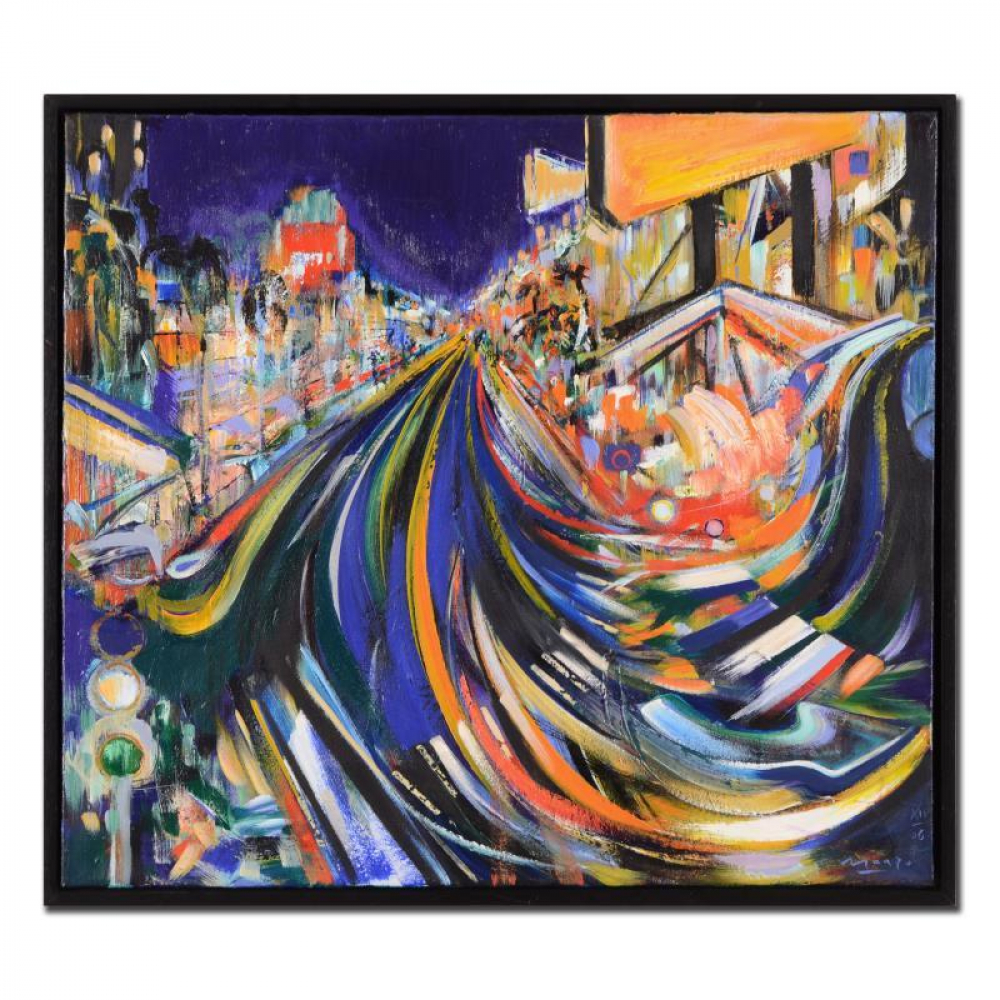 Leandro Manzo Signed "Green Light on Sunset Strip" 25x22 Original Oil ...