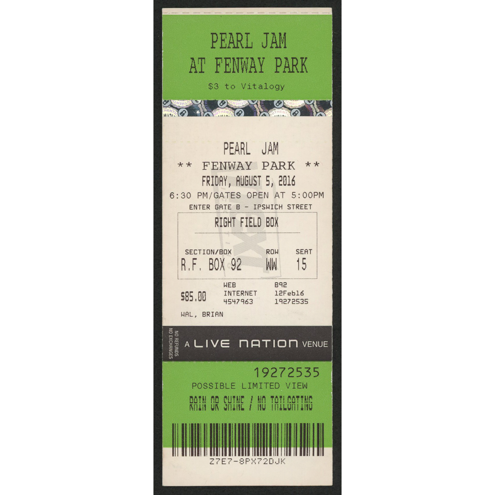 Pearl Jam Authentic Ticket Stub from August 5, 2016 | Pristine Auction