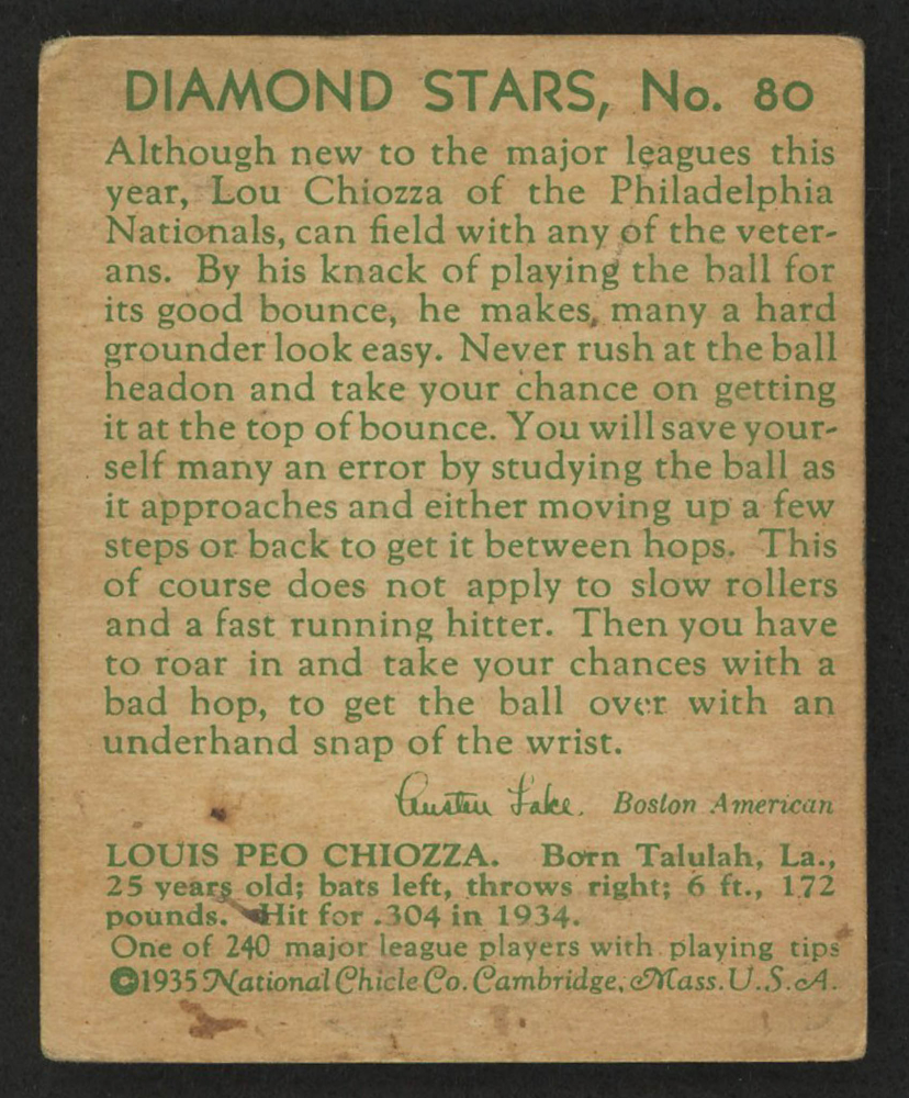 1934-36 Diamond Stars #80 Lou Chiozza XRC (35G,35B,36B) | Pristine Auction