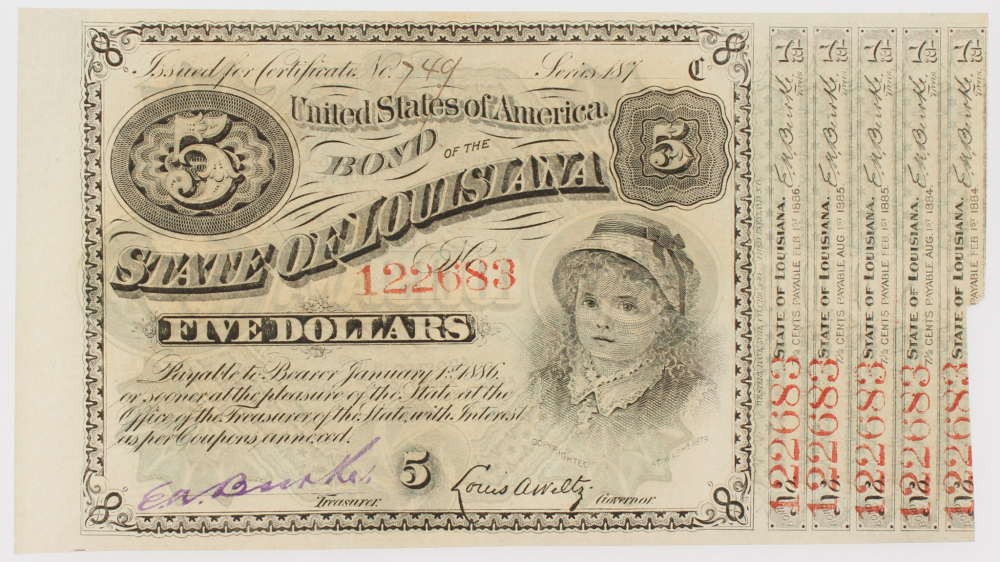 1870's $5 Five Dollars State of Louisiana "Baby Bond" Bank Note Bill ...