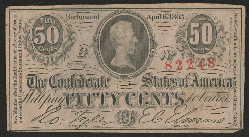 1863 50¢ Fifty Cents Confederate States of America Richmond CSA Bank ...