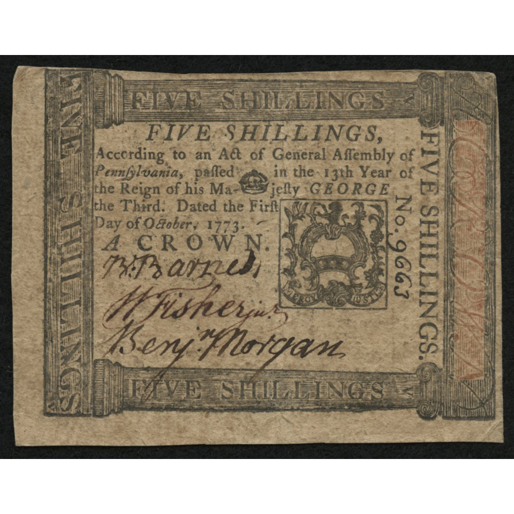 1773 Five Shillings Pennsylvania Colonial Currency Note | Pristine Auction