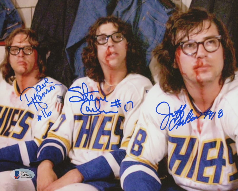 Dave Hanson, Steve Carlson, & Jeff Carlson Signed "Slap Shot" 8x10 Photo (Beckett COA ...