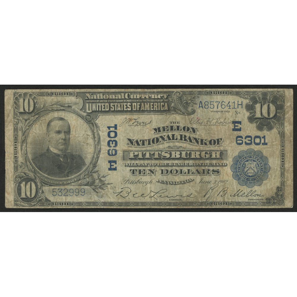 1902 $10 National Currency Large Size Bank Note - The Mellon National ...